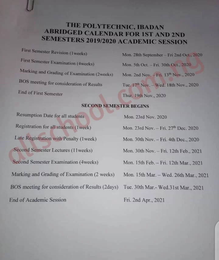 Poly Ibdan Academic Calendar for 2019/2020 Session [UPDATED]