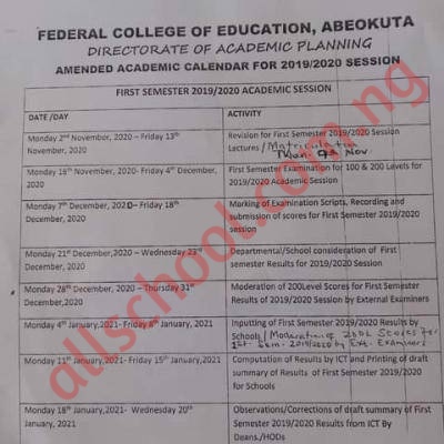FCE Abeokuta Academic Calendar for 2019/2020 Session [REVISED ...