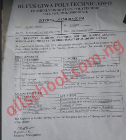 Rufus Giwa Poly Academic Calendar for 2020/2021 Session is Out ...