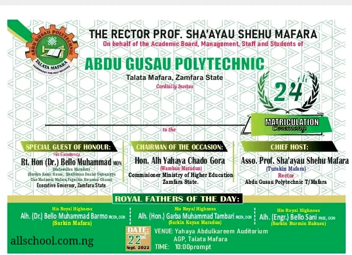 Abdu Gusau Polytechnic Matriculation Date 2021/2022 Session