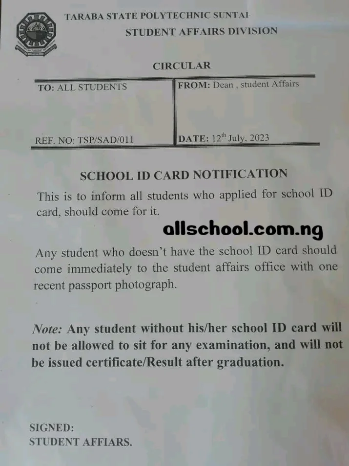 Taraba State Poly notice to students on collection of ID card