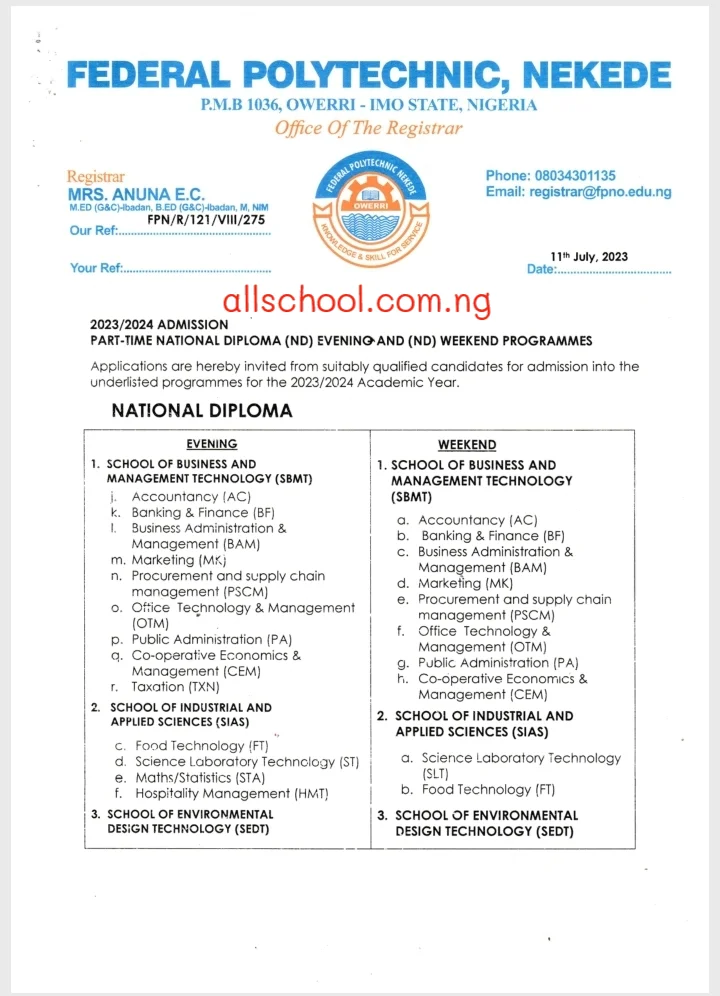 Federal Poly Nekede Part-Time Form 2023/2024 [UPDATED] - Allschool.ng