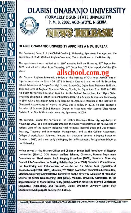 Olabisi Onabanjo University (OOU) Appoint a New Bursar