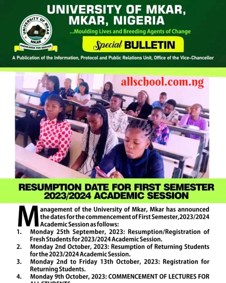 University of Mkar Resumption Date 2023 Announced