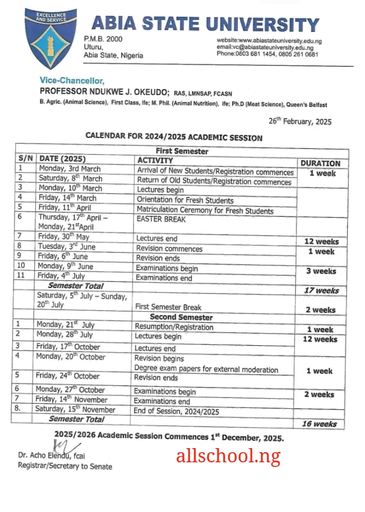 ABSU Academic Calendar 2025 is Out [UPDATED] - Allschool.ng