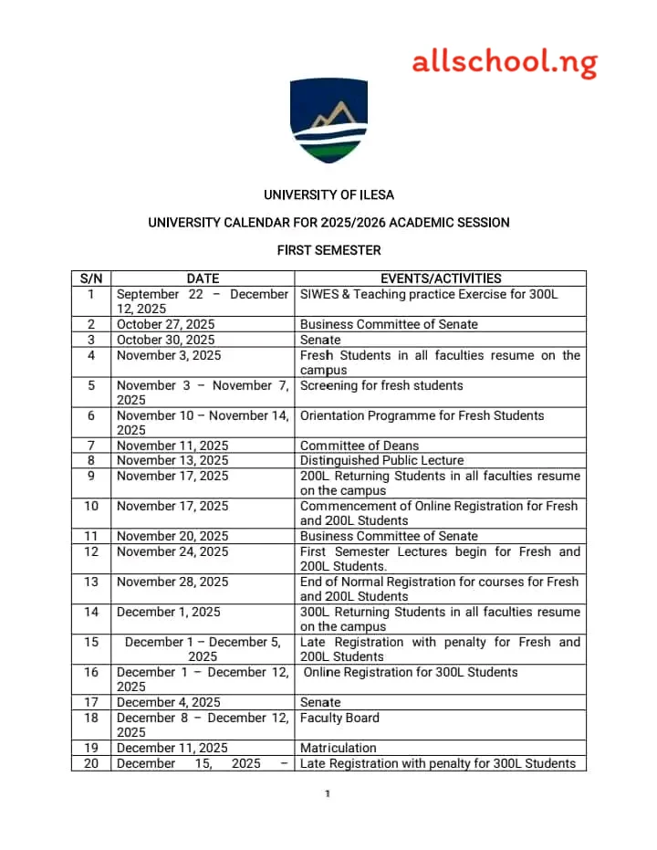 University Of Ilesa Academic Calendar 2026 Announced - Allschool.ng