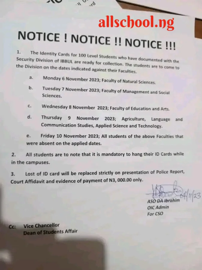 IBBU Notice On Collection Of Students ID Cards - Allschool.ng