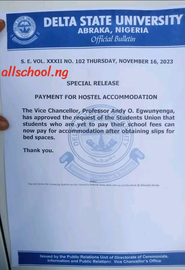 DELSU Notice To Students Yet To Pay Their School Fees On Payment For DELSU Notice To Students Yet To Pay Their School Fees On Payment For