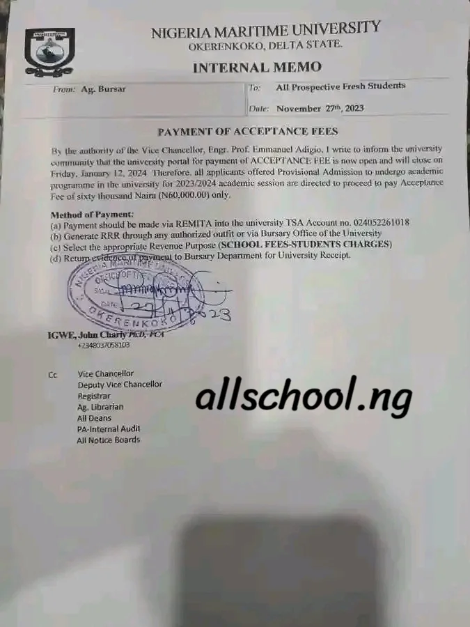 Nigerian Maritime University (NMU) Acceptance Fees Payment 2023 ...