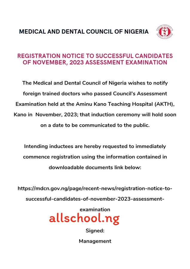 MDCN Registration Notice to Successful Candidates of November ...