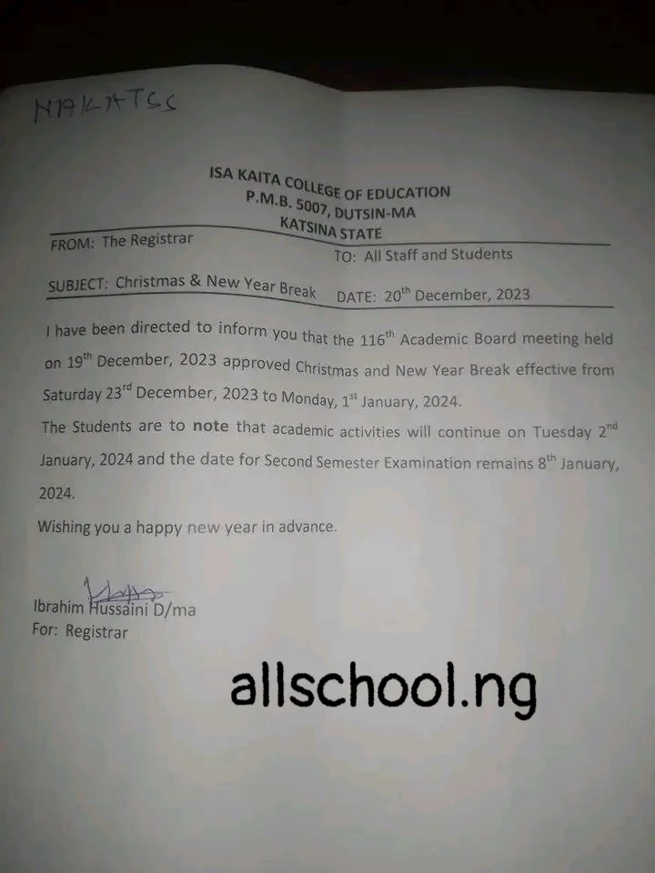 Isa Kaita COE notice of Christmas & New Year Break - Allschool.ng