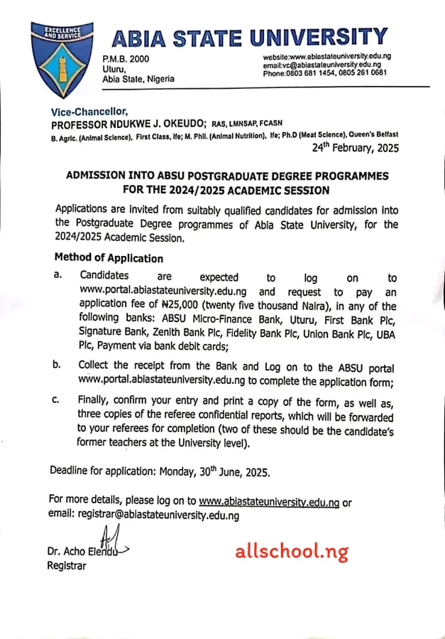 ABSU Postgraduate Admission Form for 2024/2025 is Out [UPDATED ...