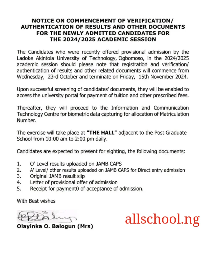 LAUTECH Notice on Verification/authentication of Results of Admitted ...