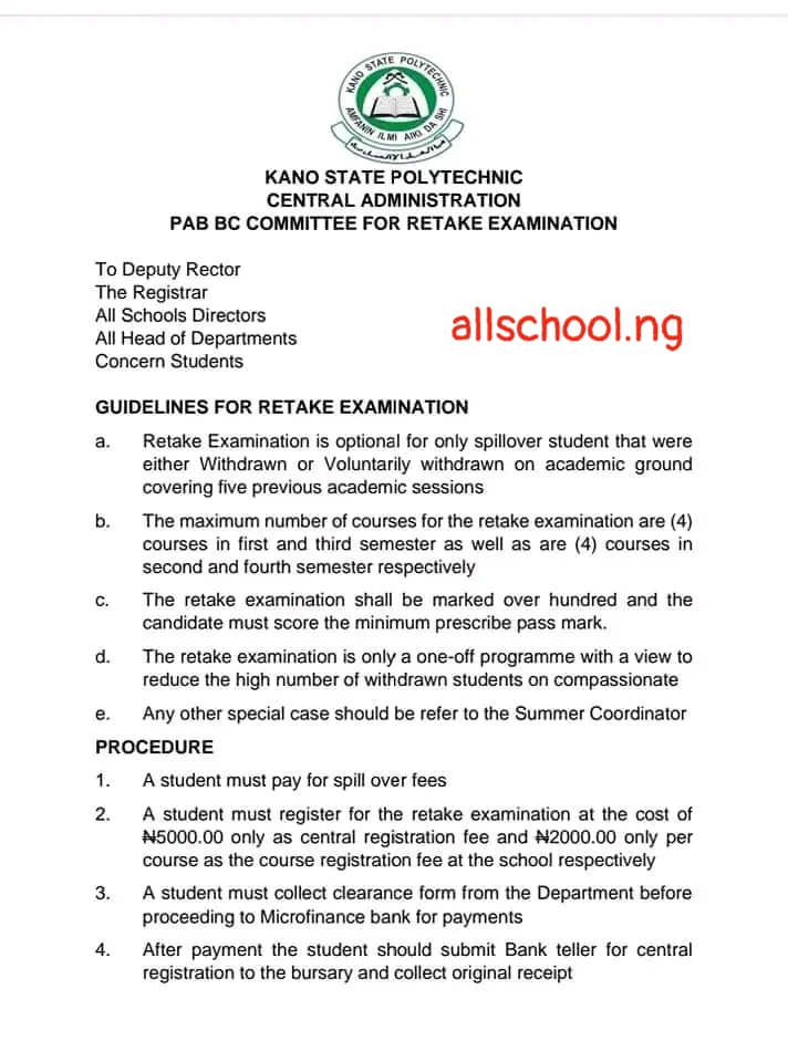 Kano Poly Guidelines for Examination Retake & Procedure 2024 - Allschool.ng
