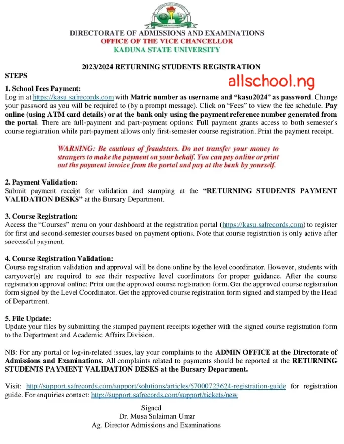 KASU Registration Procedures For 2023/2024 Released [UPDATED]