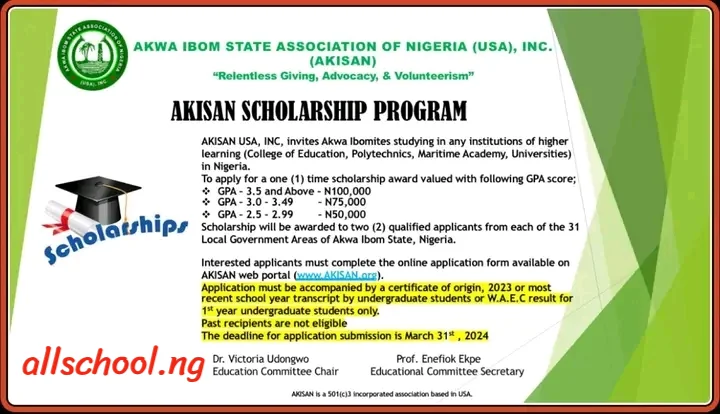AKISAN Undergraduate Scholarship Application 2024 is ON - Allschool.ng