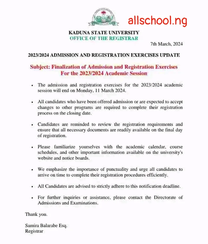 KASU Finalization of Admission & Registration Exercises For the 2023/ ...
