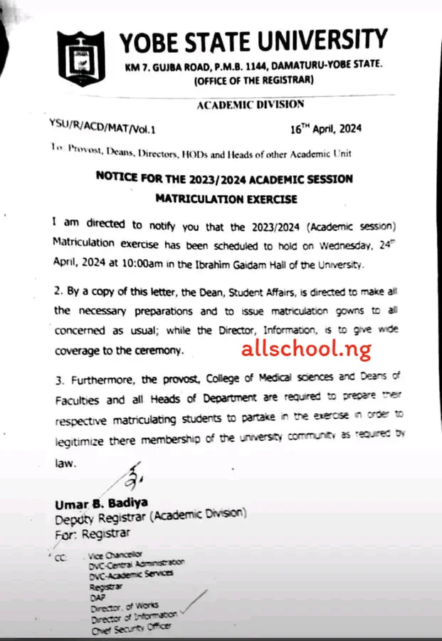 YSU Matriculation Ceremony Date 2024 Announced - Allschool.ng
