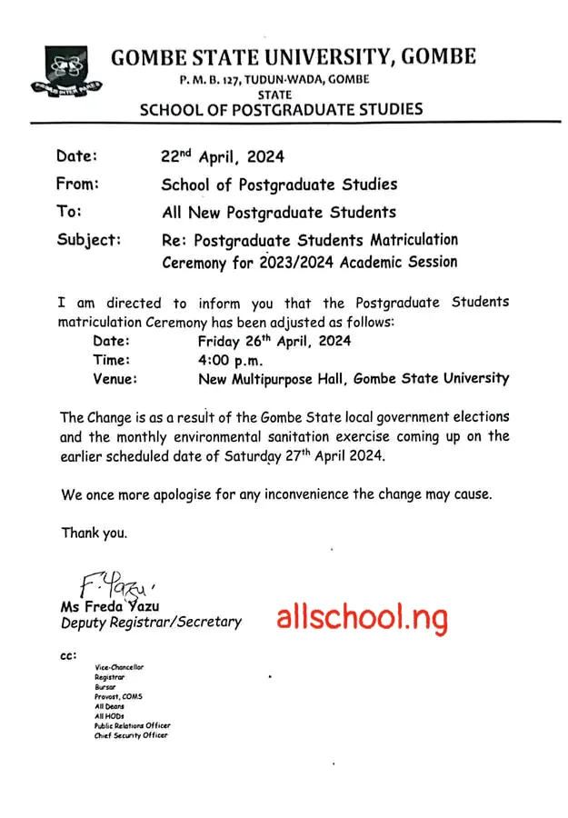 GSU Postgraduate Matriculation Ceremony Date 2024 [UPDATED] - Allschool.ng