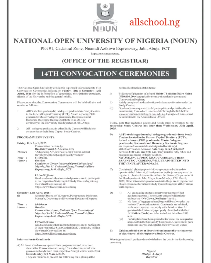 NOUN 14th Convocation Ceremony Date [UPDATED] - Allschool.ng