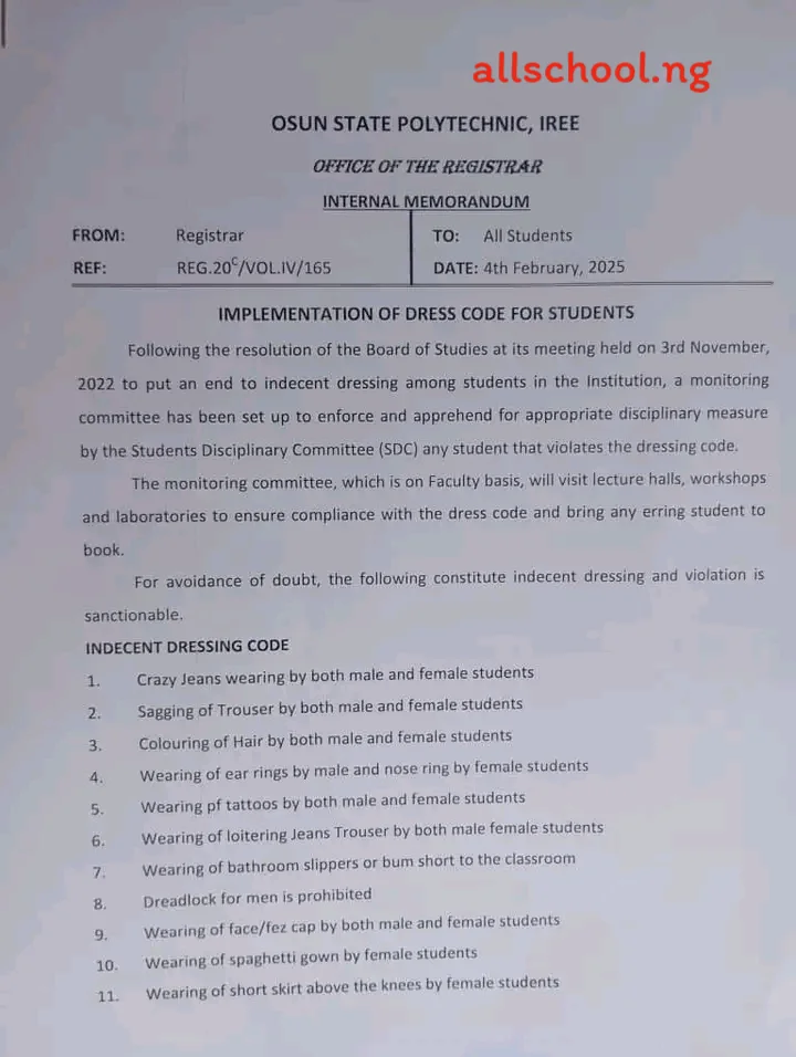 OSPOLY Notice on Implementation of Dress Code For Students