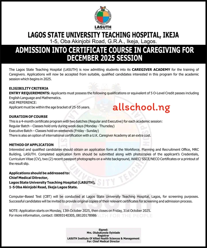 LASUTH Admission into Certificate Course In Caregiving 2025/2026 is Out ...