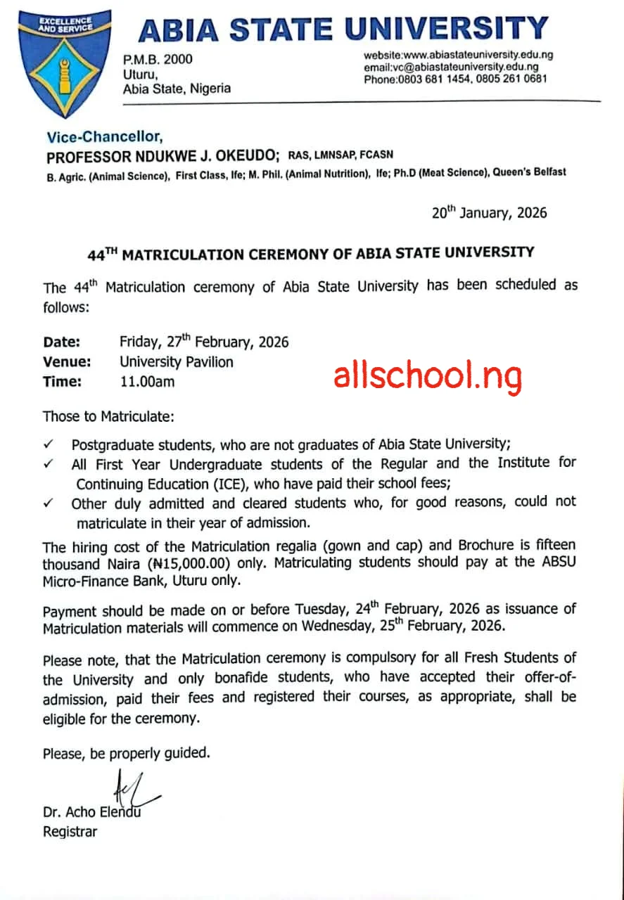 ABSU Matriculation Ceremony Date 2026 Announced [UPDATED] - Allschool.ng