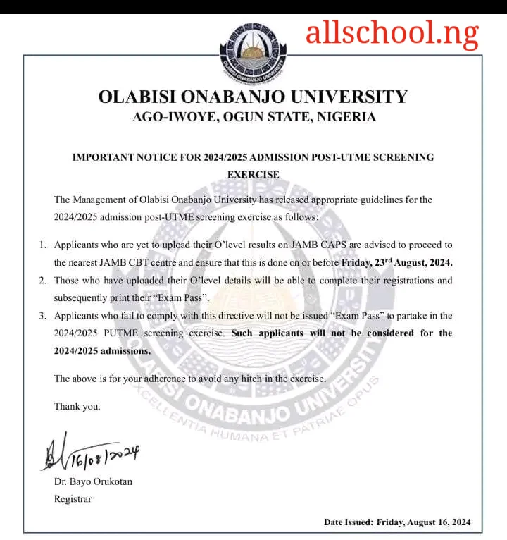 OOU Issues Important Notice on POST-UTME Screening Exercise 2025/2026 ...