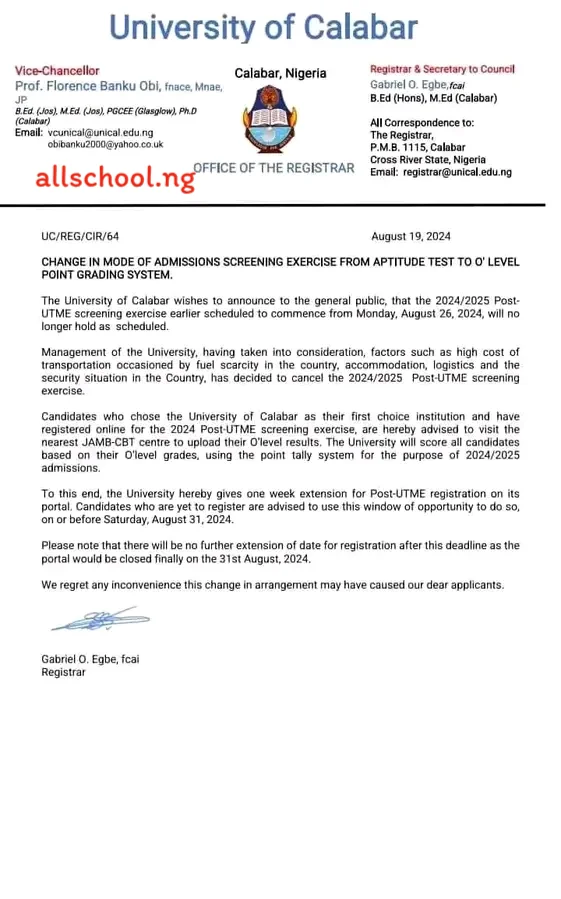 UNICAL Post UTME Date 2025/2026 [UPDATED] - Allschool.ng