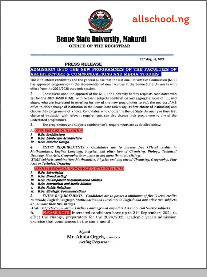 BSU Admission into Newly Approved Programmes 2024/2025