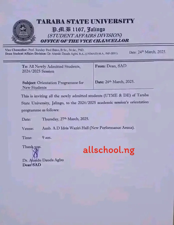 TSU Orientation Programme For Newly Admitted Students 2025 Announced