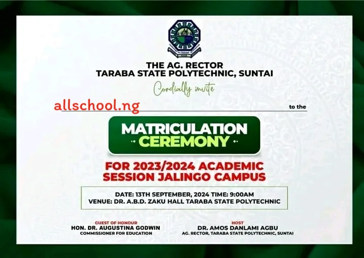 Taraba State Poly Matriculation Ceremony Date 2024 Announced - Allschool.ng