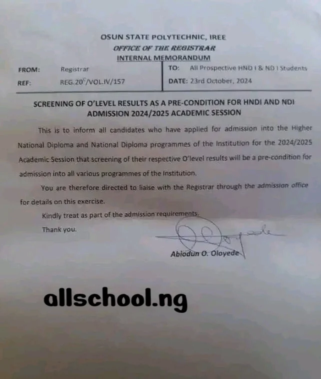 OSPOLY Notice On O’LEVEL Verification Exercise For 2024/2025 Admission ...