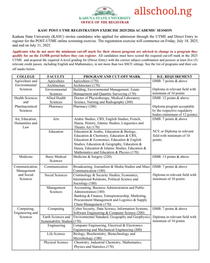 KASU Cut-Off Mark 2025/2026 is Out [UPDATED]