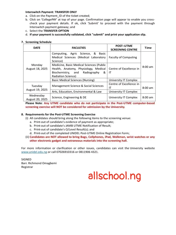 UNIDEL Post UTME Date 2025/2026 is Out [UPDATED]