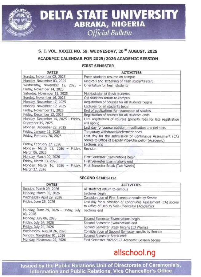DELSU Academic Calendar 2026 Announced [UPDATED] - Allschool.ng