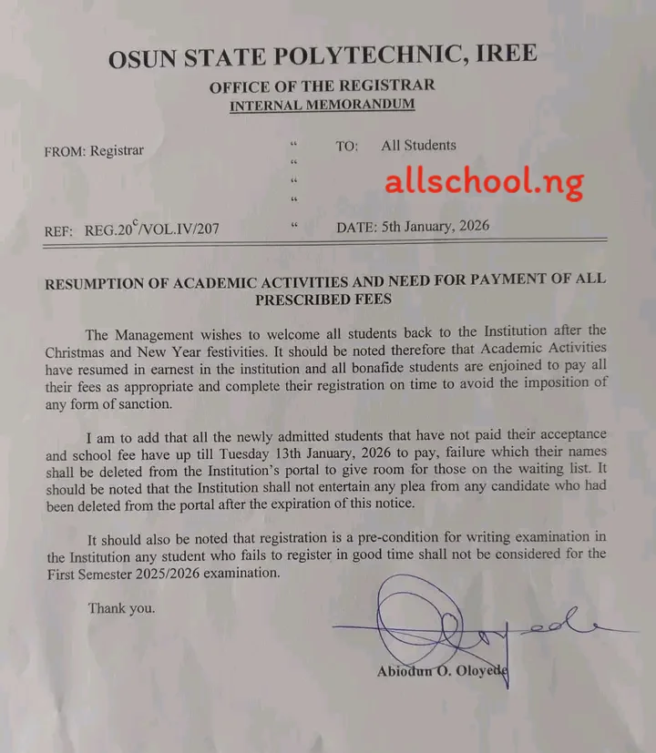 OSPOLY Registration Deadline 2026 [UPDATED] - Allschool.ng