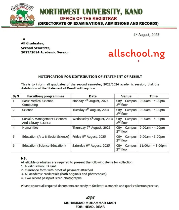 NWUK Announces Statement of Result Distribution Schedule 2025