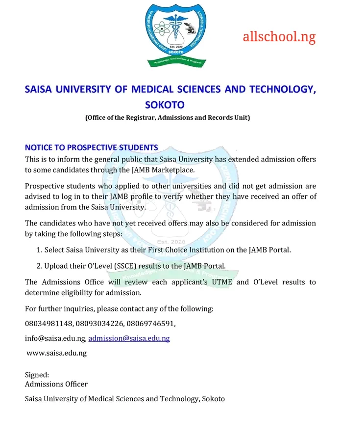 Saisa University Notice to Prospective Students - Allschool.ng